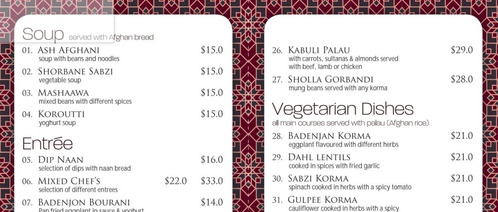Menus - Afghan Village Restaurant